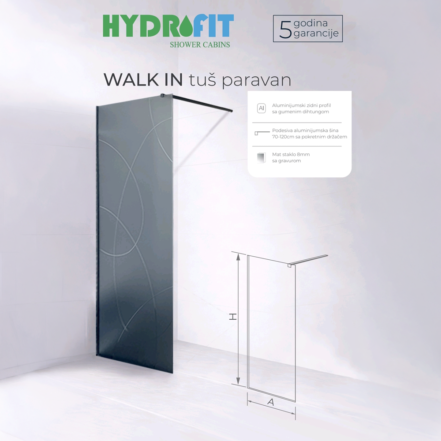 Hydrofit Walk In tuš paravan 8mm black, grey matt glass | ARD Salon